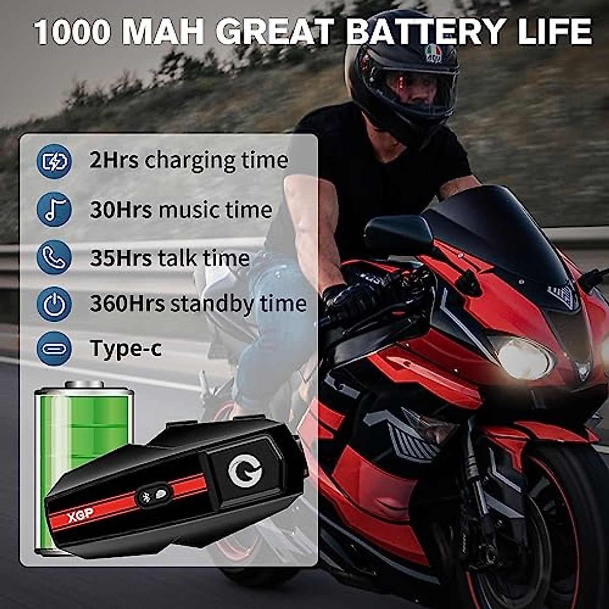 XGP Motorcycle Bluetooth Headset V5.2 with Music Sharing, 2-Way Motorcycle Helmet Bluetooth with IP67 Waterproof, Motorcycle Communication Systems with Hi-FI Speakers for ATV/Snowmobile/Ski,1 Pack