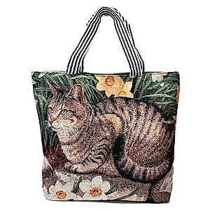 Cute Cat Canvas Tote Bag,Tabby Shoulder Bag with Zipper for Women Girls,Reusable Canvas Tote Bag for School Grocery Shopping