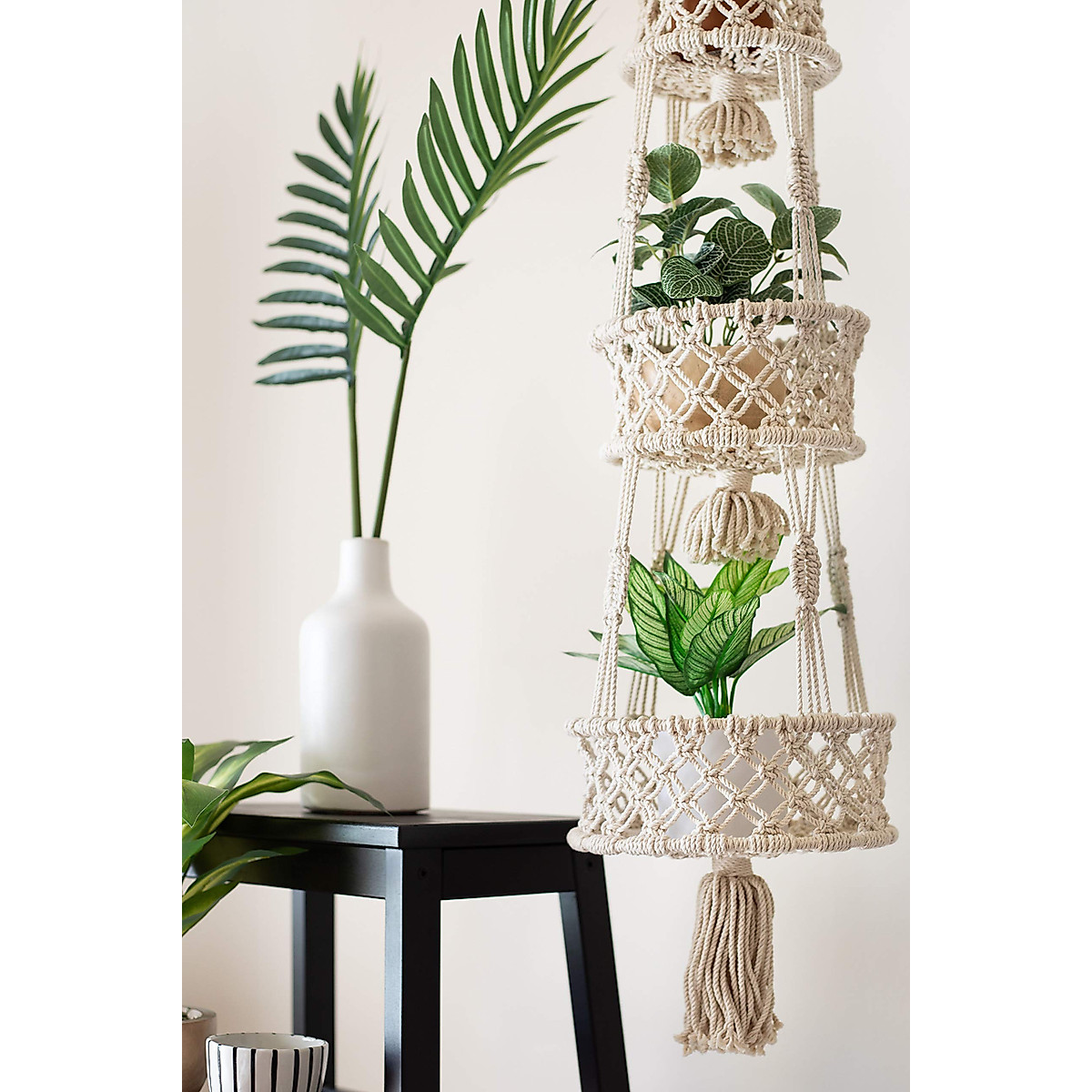 SnugLife Macrame 3 Tier Hanging Basket - Space Saving Hanging Fruit Basket for Kitchen or Decorative Boho Decor Hanging Plant Holder - Use for Produce Baskets, Indoor Planter Hangers, 42 Inches Beige