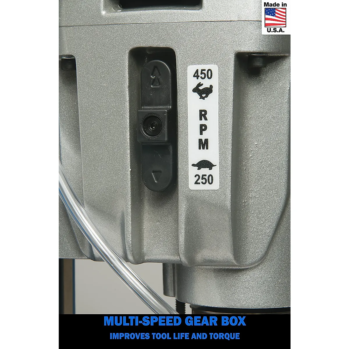 Hougen HMD918 Two Speed Magnetic Drill 6" Depth with Pressurized Coolant System - 115V Drill Holes Up to 6" Deep, Multiple Stacked Plates or Extend Your Hole Reach Capability