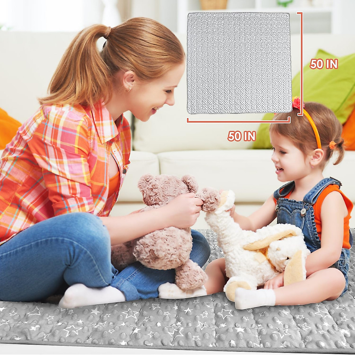 Baby Play Mats for Floor, Sensory Baby Playpen mat for Floor, Soft Tummy Time Play Mat, Non-Slip Cushioned Baby Playmats for Toddlers. Machine Washable and Foldable, 50 * 50 in