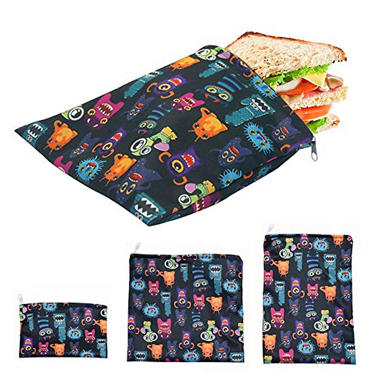 3PCS Eco-Friendly Sandwich Bag, Reusable Waterproof Fabric Snack Bags, Washable and Durable Storage Bags with Zippers for Sandwich, Bread, Etc (blue)