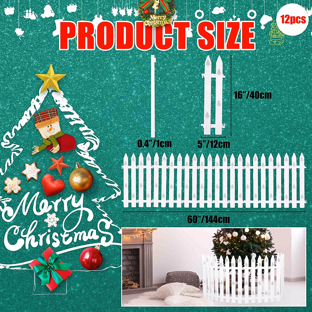 16" Fence for Christmas Tree,Extra Large 12pcs White Picket Fence for Chirstmas Tree,Plastic Christmas Tree Fence for Pets,Christmas Tree Fence for Kids,Craft Christmas Tree Patterns(16" Hx5 W Each)