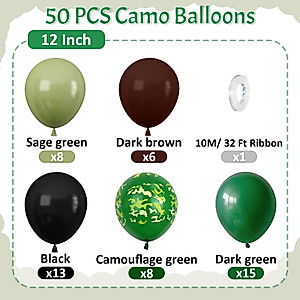 Paready Camo Balloons, 50 Pcs Green and Brown Balloons, Camouflage Army Balloon, 12 Inch Dark Sage Green Black Balloons Latex for Birthday Baby Shower Camping Woodland Hunting Jungle Party Decorations