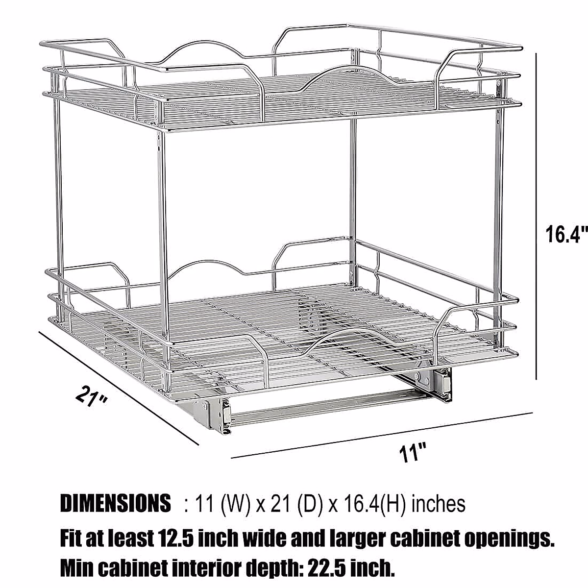 OCG 2 Tier Slide Out Cabinet Organizer 11" W x 21" D, Heavy Duty Pull Out Cabinet Shelves, Sliding Drawer for Cabinet , Chrome Plated