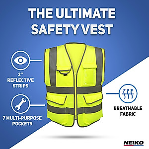 Neiko 53993A Medium Ultra Reflective Safety Vest with Reflective Stripes & Zipper, Visibility Strips on Neon Yellow for Emergency, Safety Vest for Men and Women, Adult Safety Vest