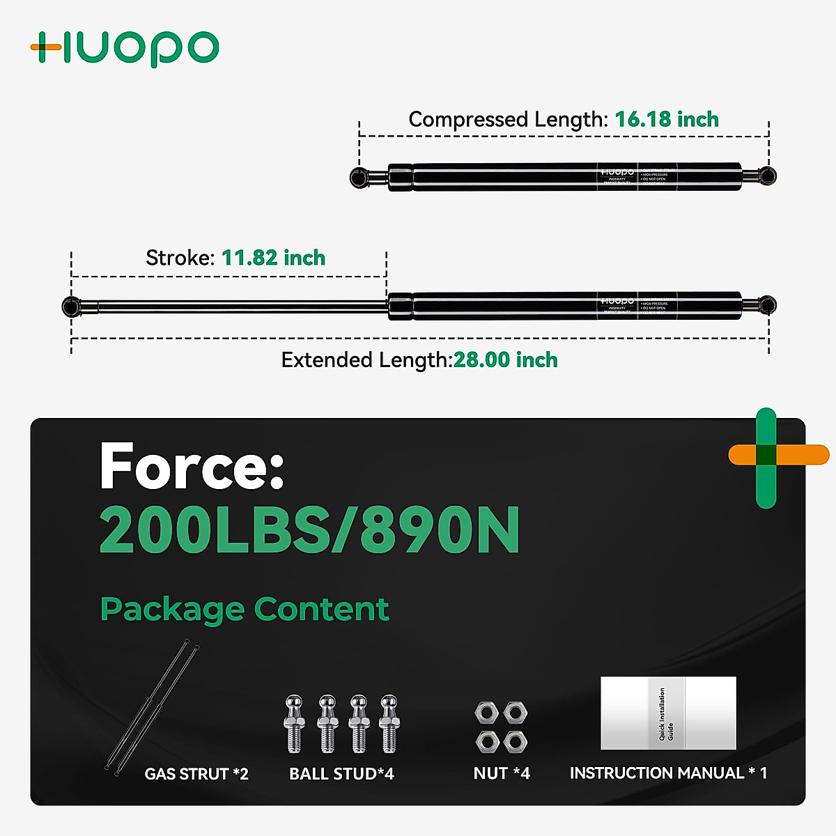 HUOPO 28 inch 200lb/890N Gas Strut Shock 28" Lift Support for Tonneau Cover Snowmobile Trailer Roof Top Cap Lid Queen Murphy Bed Hatch Boat Heavy Steel Door Custom Window Lift, 2pcs