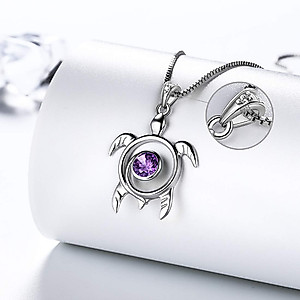 Aurora Tears Turtle Necklace Customized Birthstone 925 Sterling Silver Sea Animal Personalized Turtle Pendant Women Cute Jewelry DP0172 (B.Purple-February-Amethyst)