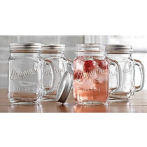Mason Jar 16 Oz. Glass Mugs with Handle and Lid Set Of 4 - Home Essentials & Beyond - Old Fashioned Drinking Glass Bottles Original Mason Jar Pint Sized Cup Set.