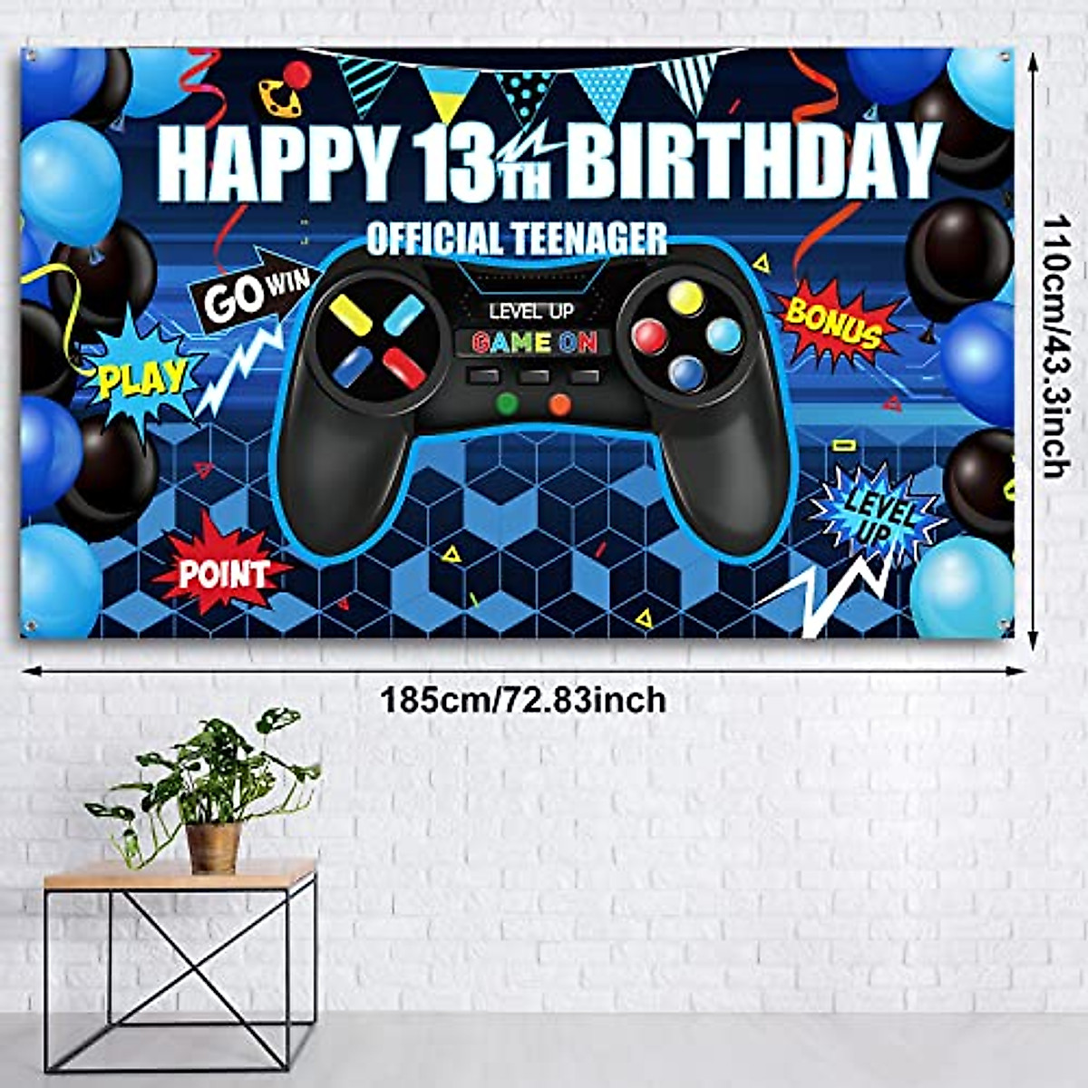 Happy 13th Birthday Video Game Backdrop Banner, Level 13 Up Birthday Background with Game Controller Print Gaming Theme for Photography, Photo Props, Video Game Party Wall Decoration (Blue)