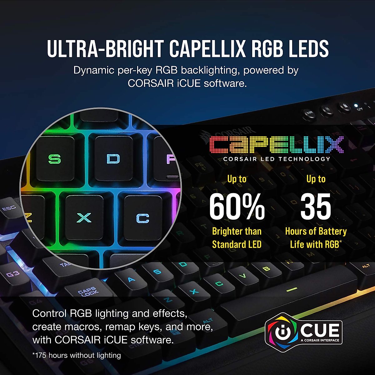 CORSAIR K57 RGB Wireless Gaming Keyboard - <1ms response time with Slipstream Wireless - Connect with USB dongle, Bluetooth or wired - Individually Backlit RGB Keys, Black