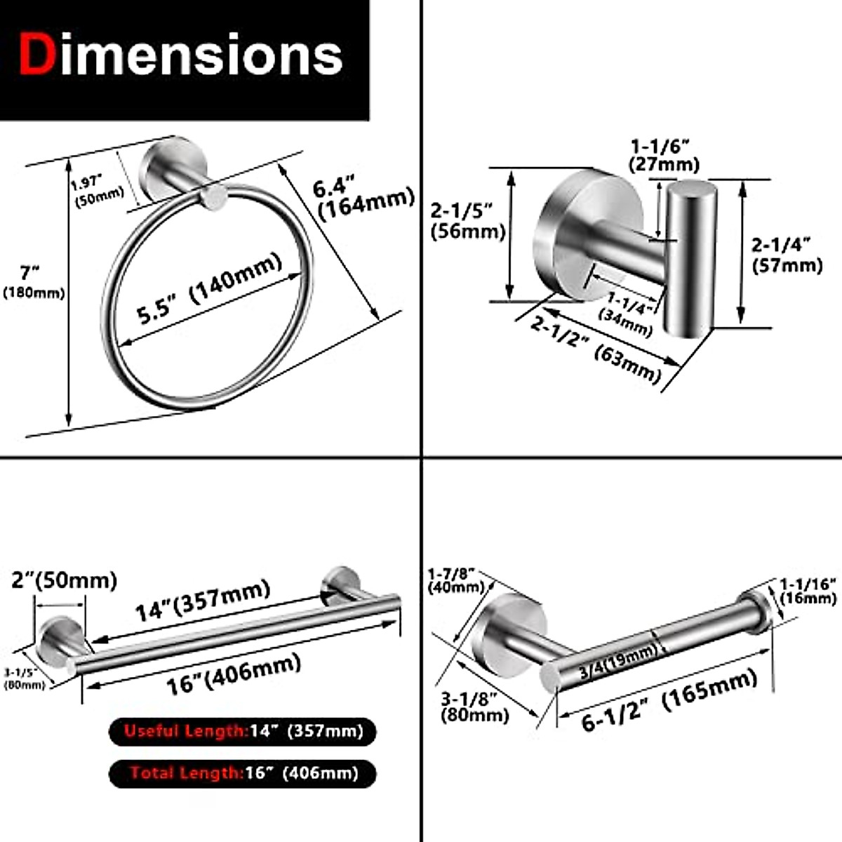 5 Pieces Brushed Nickel Bathroom Hardware Set Include 16inch Towel Bar,2pcsTowel Hooks,Toilet Paper Holder,Hand Towel Ring Round SUS304 Stainless Steel Bathroom Accessories Set Heavy Duty Wall Mounted