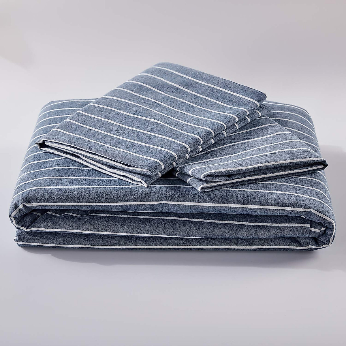 JELLYMONI Pinstriped 100% Washed Cotton Linen Like Duvet Cover Set, 3 Pieces Luxury Soft Bedding Set with Buttons Closure, Blue Stripes Pattern Printed Duvet Cover King Size(No Comforter)