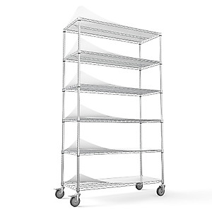 NSF Heavy Duty 6-Tier Metal Wire Shelving Unit - 6000lbs Capacity, Adjustable, with 5in Wheels/Leveling Feet and Shelf Liners - Ideal for Garage, Kitchen, and More - Chrome, 20"D x 48"L x 84.5"H