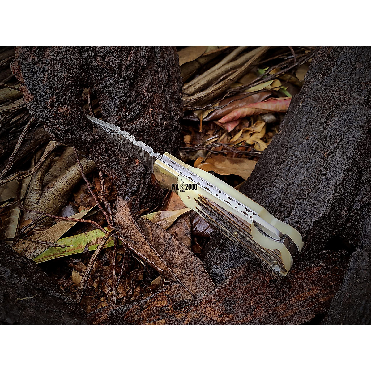 PAL 2000 KNIVES FOL-6016 Handmade Damascus Steel Folding Pocket Knife With Leather Sheath