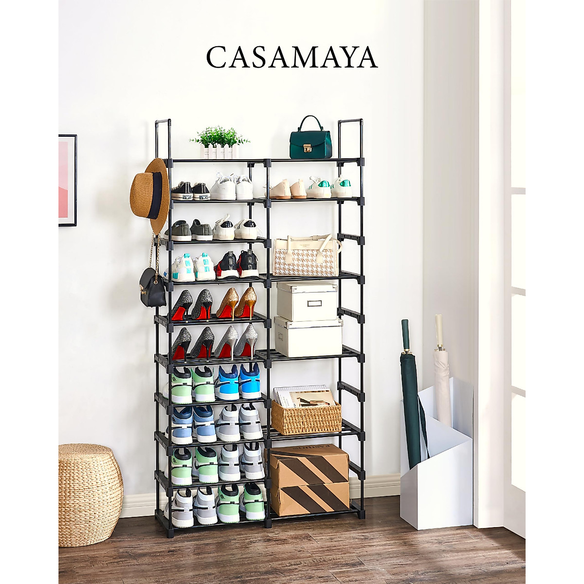 CASAMAYA Shoe Rack, 10 Tier Metal Shoe Organizer, DIY Tall Shoe Storage Shelf for 32 Pairs of Shoes and Boots, Space-Saving, Easy to Assemble, Entryway, Black SRT210B01