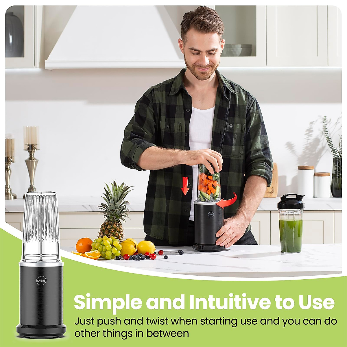 iCucina Blenders for Smoothies and Shakes, 1000W Personal Blender 32 oz * 2 To-Go Portable Cups with Lids for Frozen Fruits, Protein Drinks, Ices, 13 Pcs Blender Set for Kitchen