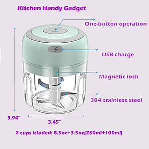 Electric Mini Food Chopper, Rechargable Small Food Processor for Garlic, Puree, Onion, Herb, Veggie, Ginger, Fruit Blender (250ml+100ml 2 cups, Green)