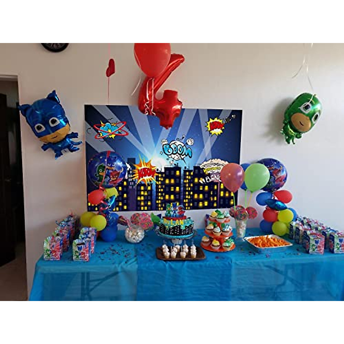 Superhero Cityscape Theme Backdrop Night Scene Comics Style Building Photography Background Baby Shower Boy Girl Kids Birthday Party Decoration Studio Shoot Prop 7x5FT