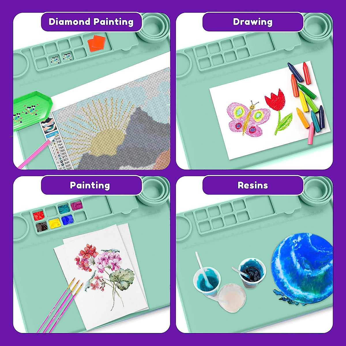 Silicone Craft Mat Silicone Art Mat with Cup Silicone Mats for Crafts - Craft Silicone Mat Silicone Painting Mat - Thick Large Silicone Artist Mat w/Cup and Raised Edge for Painting 17.7"x13.7" Green