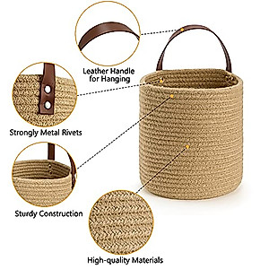 DULLEMELO Small Jute Hanging Baskets 2 Pack 7"(D) x 8"(H), Jute Woven Hanging Storage Basket With Leather Handle, Small Storage Basket for Wall Decor Plants (Jute)