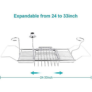 GOTOTOP Stainless Steel Tub Shampoo Bath Caddy Bathtub Caddy Tray, Stainless Steel Bathroom Bath Tub Table Caddy Tray Shelf with Extending Sides and Removable Wine Glass Book Holder Bath Organizer