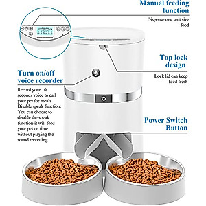 Automatic Cat Feeder, WellToBe Pet Feeder Food Dispenser for Cat & Small Dog with Two-Way Splitter and Double Bowls, up to 6 Meals with Portion Control, Voice Recorder - Battery and Plug-in Power