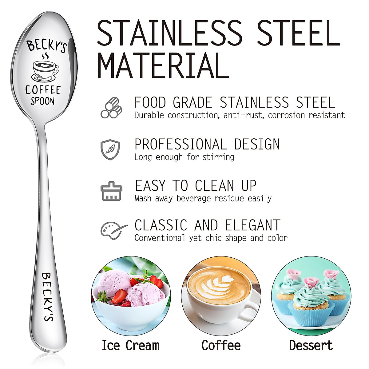 Angirlish Personalized Coffee Spoons, Engraved Name Stainless Steel Spoons, Coffee Tea Lover Gifts for Husband Wife Couple, Birthday Anniversary Christmas Gifts, Mirror Finished & Dishwasher Safe