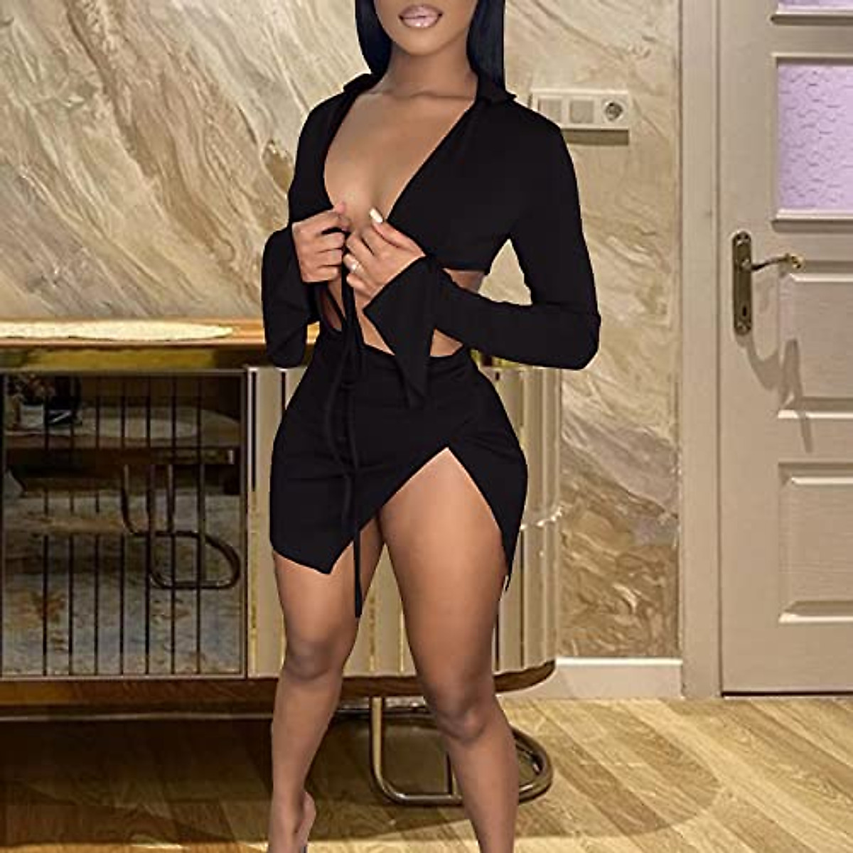 SUZONANA Black Sexy 2 Piece Club Outfits for Women Two Piece Mini Skirt Sets Crop Top Clubwear Swimsuits Y2K Going Out M