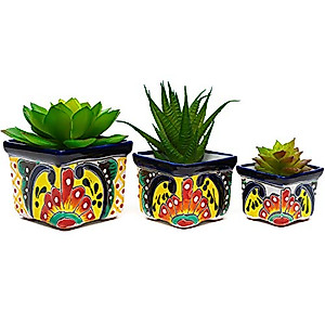 Enchanted Talavera Handmade Mexican Pottery Talavera Ceramic 3 Piece Set Succulent Pot Set Mini Flower Planter Cactus Pot Home Office Desk Décor Gift Small Shelf Desk Window Pottery (Multi-Color)