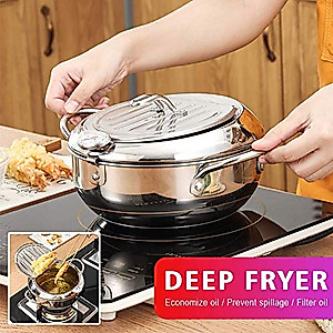 Deep Fryer Pot, Japanese Tempura Small Deep Fryer Stainless Steel Frying Pot With Thermometer,Lid And Oil Drip Drainer Rack for French Fries Shrimp Chicken Wings(20cm, 304)