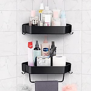 Corner Shower Caddy, 2-Pack Shower Organizer Shelf. Adhesive No Drilling Shower Rack, Rustproof Space Aluminium Shower Shelves for Bathroom Storage, with Towel Bar, Hair Dryer Holder and Hooks.