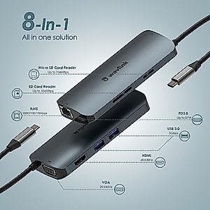 WAVLINK USB C Hub, 8-in-1 Type C Adapter Mini Docking Station with 4K 30Hz HDMI, 2K 60Hz VGA, Gigabit Ethernet, 2 USB 3.0, SD/TF Card Reader, 87W Power Delivery for MacBook Pro and More