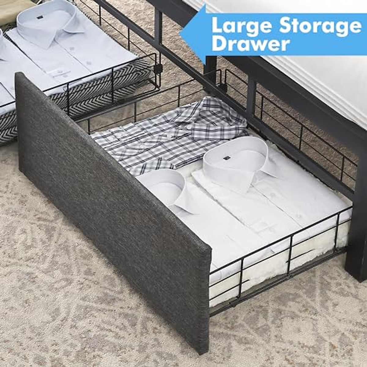 Queen Size Bed Frame with 2 Storage Drawers, Button Tufted Headboard and LED Lights, Upholstered Platform Bed with Storage, Heavy Duty Metal Slats, No Box Spring Needed, Noise Free, Easy Assembly