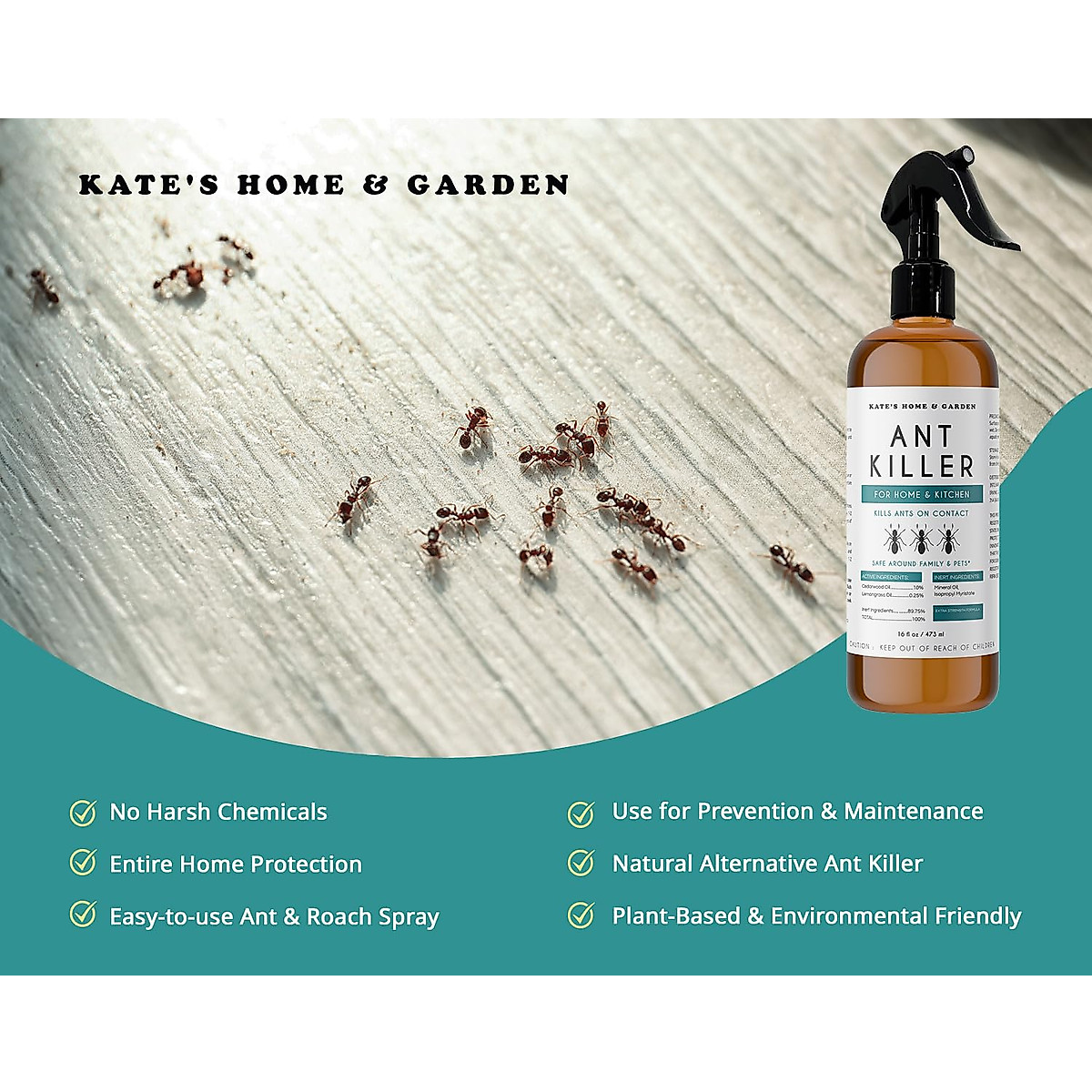 Kate's Home & Garden Ant Killer Indoor Safe for Pets and Kids (16oz) Roach & Ant Killer Spray for Indoor & Outdoor. Insecticide for Ants and Roaches with Natural Cedarwood Oil