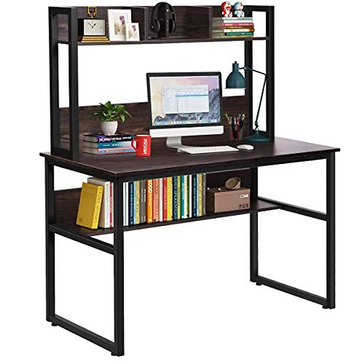 Tangkula Computer Desk with Hutch, Home Office Desk Study Writing Desk with Storage Bookshelves, Space Saving Computer Workstation for Home Office (Dark Walnut)