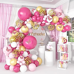 Pateeha Pink Balloon Garland Arch Kit 140 Pcs Hot Pink Gold Balloon Arch Baby Shower Decorations for Girl Butterfly Stickers Gold Confetti Latex Balloons for Birthday Bridal Shower Party Decorations