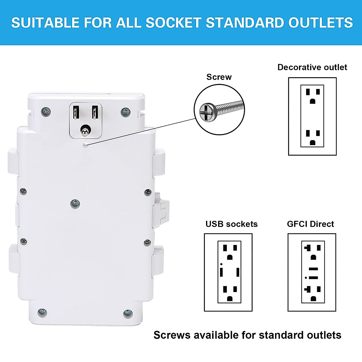 Outlet Extender, 6 90° Rotating Plugs, 15A, 125V, 1875W, 540J, Power Strip, Surge Protector Power Strip for Travel Hotel Office Home Wall Surge Protector, White