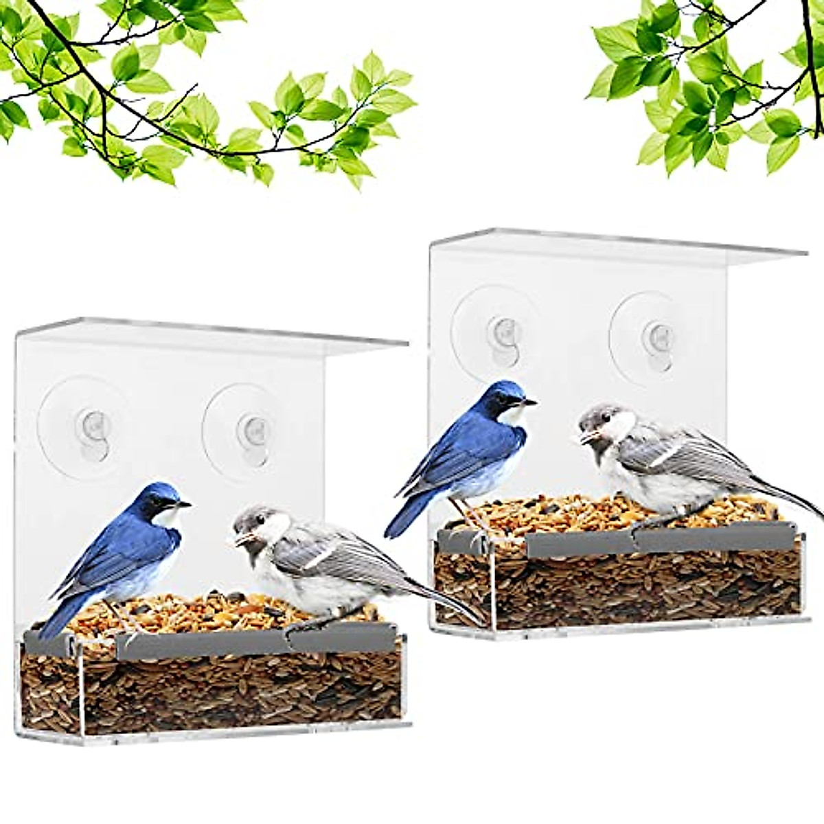 Window Bird Feeder 2 Pack, Bird House for Outside, Window Bird Feeder with Strong Suction Cups and Removable Seed Tray with Drain Holes. Outdoors Birdfeeder for Wild Birds, Cardinal, Bluebird
