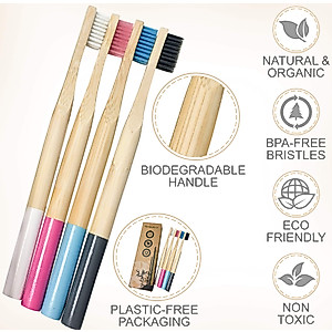 Bamboo Toothbrush Eco-Friendly Packs of 4 – Circular Organic Biodegradable handle with BPA-Free, Soft Nylon Bristle.