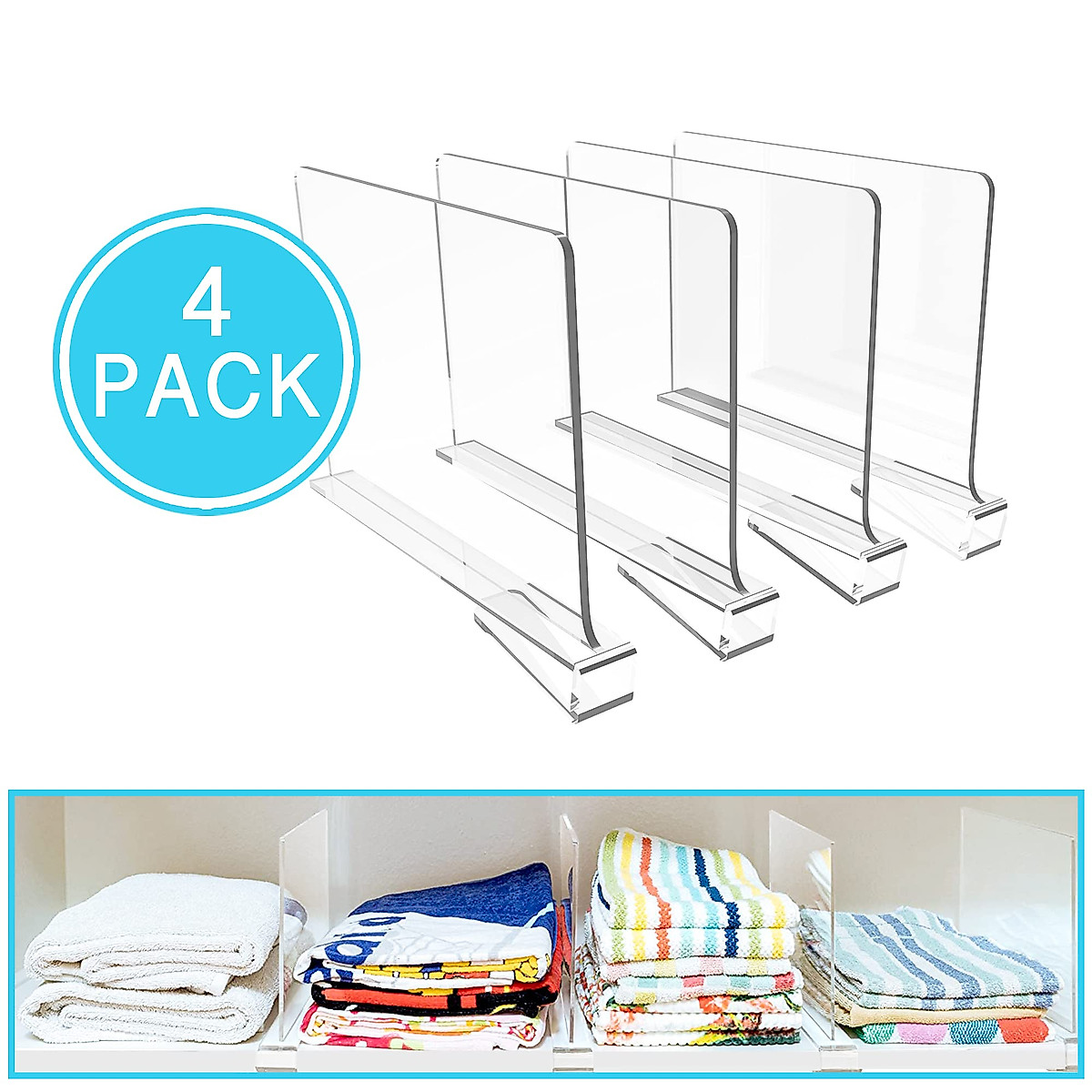 SABREZZI HOME Set of 4 Clear Acrylic Shelf Dividers - Maximize Your Closet Space with Ease - Ideal for Clothes, Sweaters, Purses, and More - Transparent Design Enhances Any Closet or Long Shelf