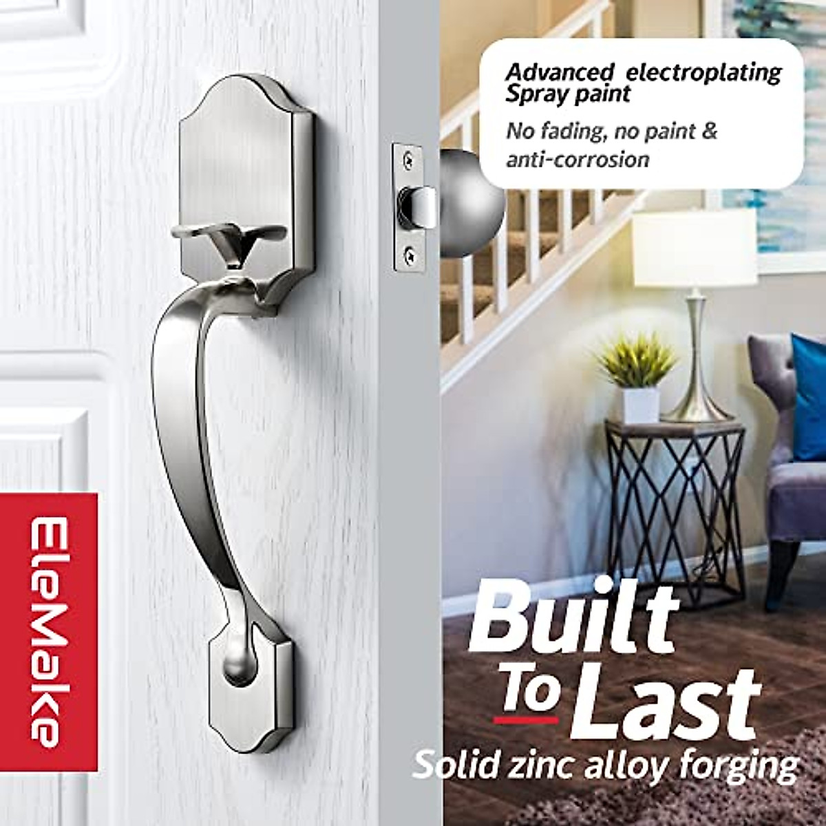 Lower Half Front Entry Handleset with Knob - Front Door Handle 304 Stainless Steel Silver Exterior Door Handle Lock Set
