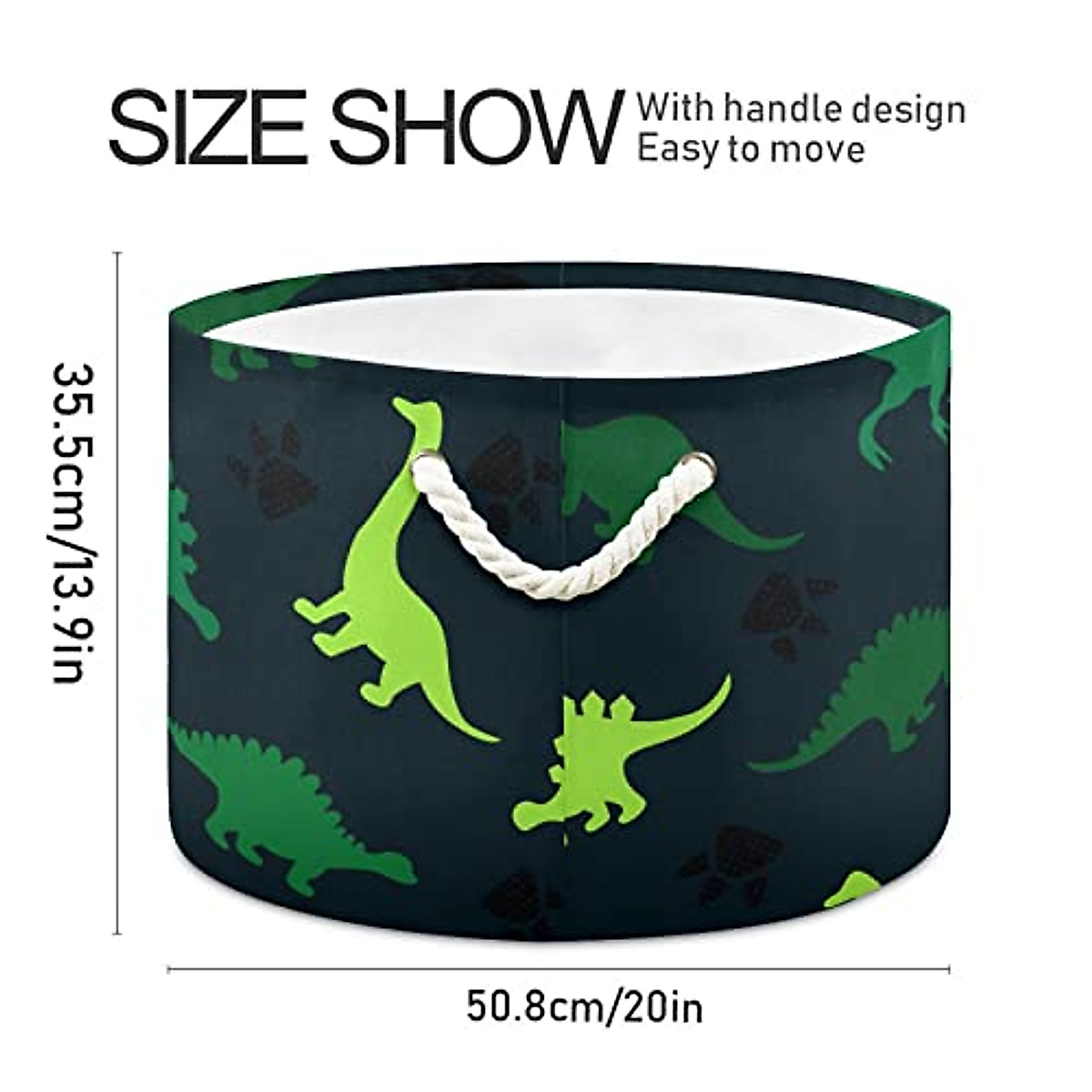 Kigai Green Camo Dinosaur Storage Basket, Collapsible Round Toy Storage Bin, Decorative Laundry Hamper with Handles, Large Organizer Bins