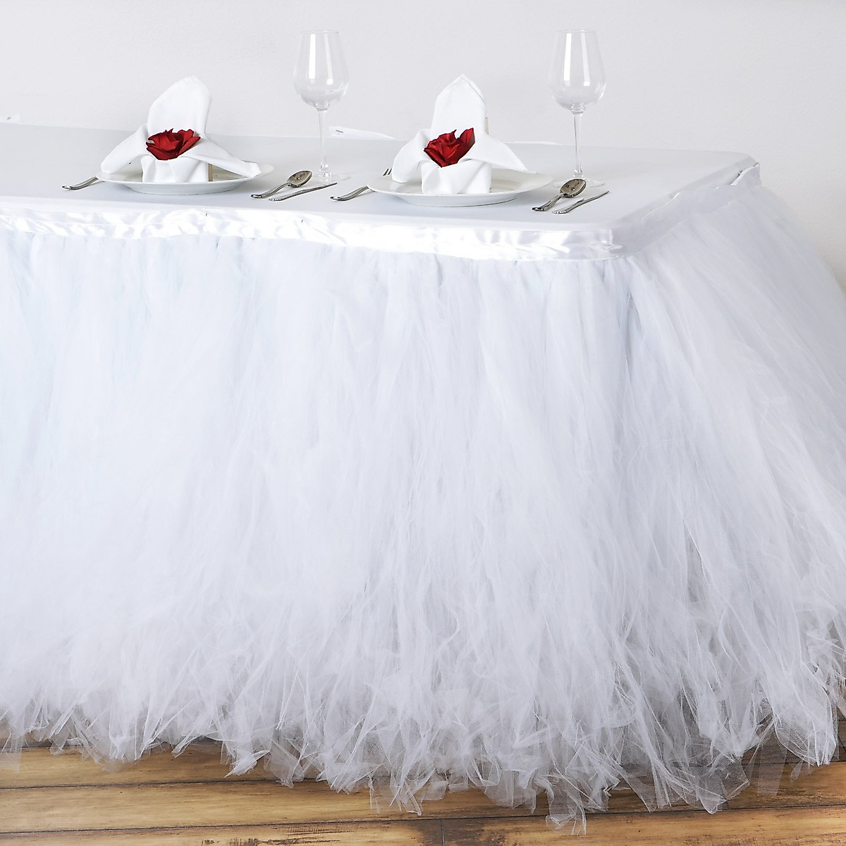 TABLECLOTHSFACTORY 17ft FULL SIZE 8 Layer Fluffy Tulle - Tutu Table Skirt - White