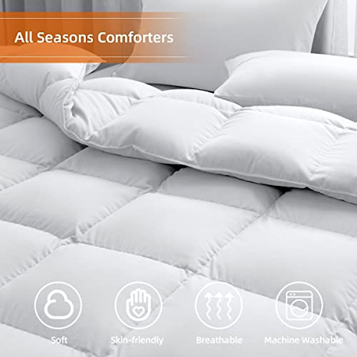 Soft Comforter Queen Size-Lightweight Down Alternative Comforter Duvet Insert with 8 Corner Tabs-Fluffy Breathable Box Stitched Reversible Comforter(White, Queen)