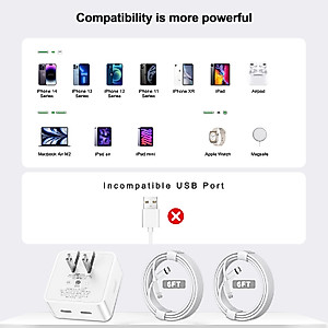 iPhone 14 13 Charger Fast Charging Apple MFi Certified Dual USB-C Port Power Adapter with 2Pack 6FT USB-C to Lightning Cable for IPhone14 Pro Max/13 Plus /12/11 Mini/iPad Pro Wall Block