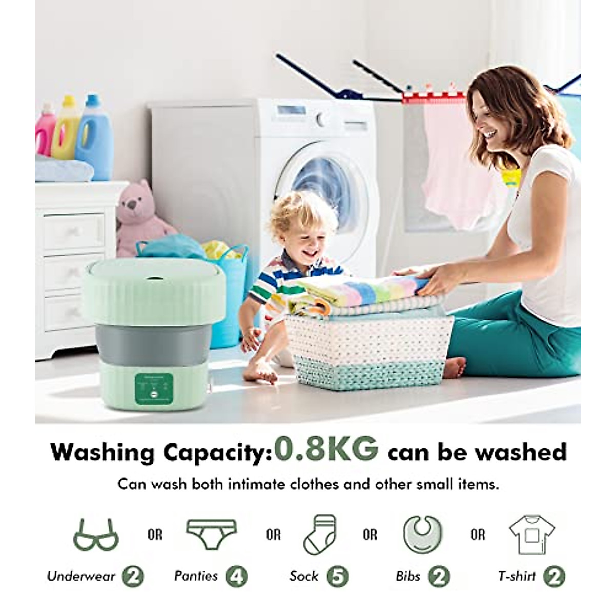 Meticuloso Portable Washing Machine, Foldable Mini Washer, Small Washer for Underwear, Socks, Baby Clothes, Towels, Delicate Items, in Apartment, Dorm, Camping, Trips and RVs