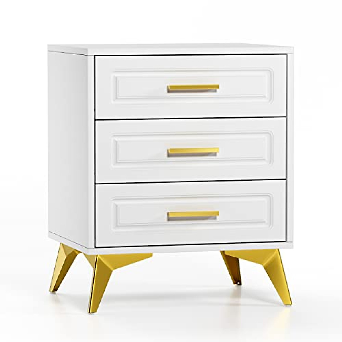 Giluta 3 Drawers Nightstand, Modern Bedside Table with Solid Metal Legs & Handles, White Gold Wood Chest of Drawers, Sofa End Side Table for Bedroom Living Room Hallway, 15.75" D x 19.7" W x 24" H