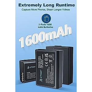 Artman 3-Pack LP-E10 Batteries 1600mAh and 3-Slot LCD Charger Pack for Canon EOS Rebel T7 T6 T5 T3 T100 Kiss X50 Kiss X70 EOS 1100D 1200D 1300D 2000D Digital Cameras