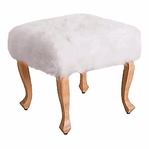 HomePop Faux Fur Square Stool with Wood Legs, White